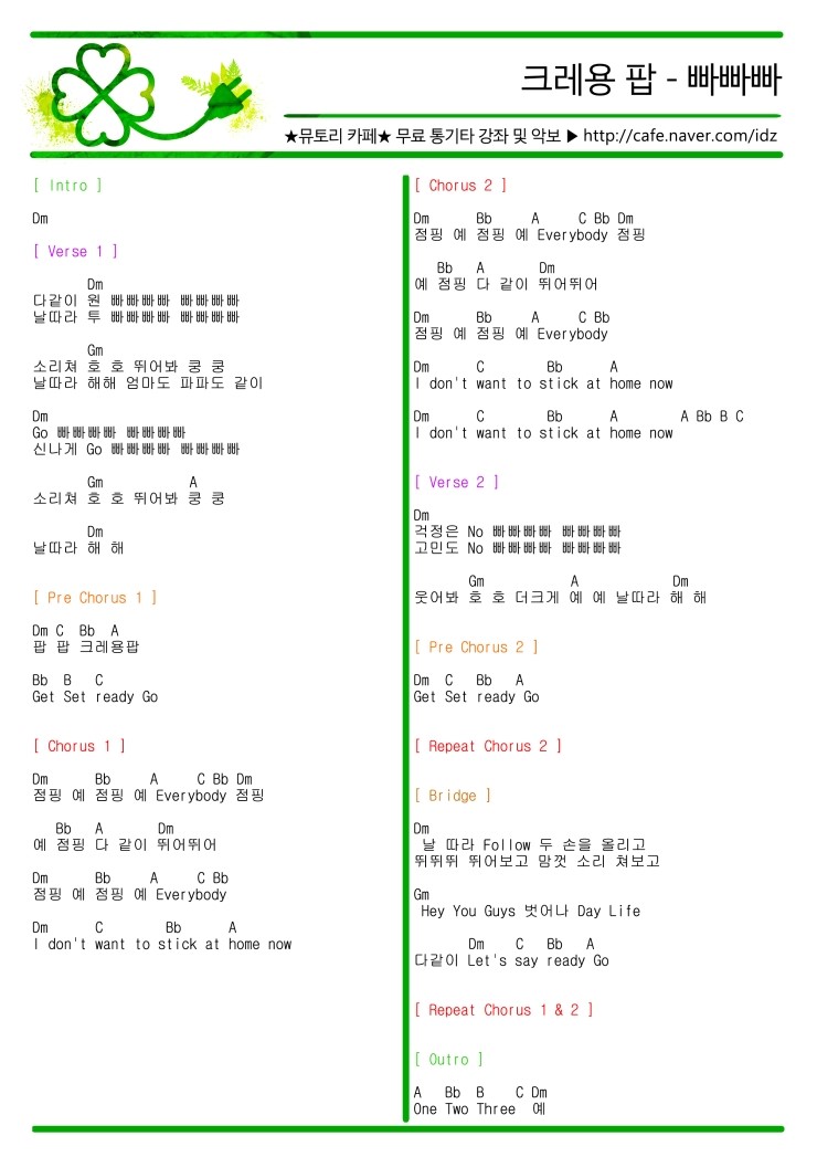 크레용팝 빠빠빠 기타코드악보 노원기타학원 노원구기타학원 노원실용음악학원 네이버 블로그