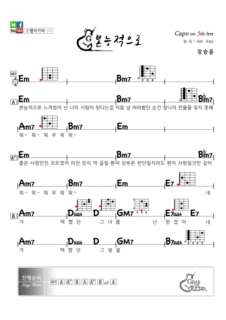 그랩더기타 본능적으로 강승윤 슈퍼스타 K2 기타코드주법악보가사통기타기타독학 네이버 블로그