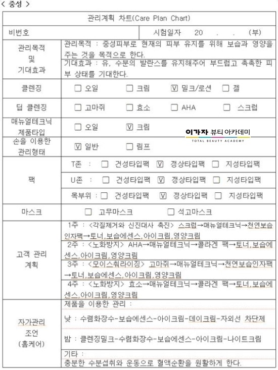 피부관리사자격증 실기 관리계획 차트 작성법 네이버 블로그