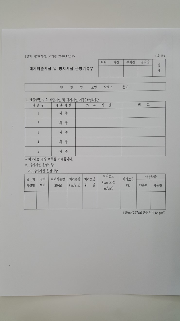자동차정비공장 샌딩부스 대기환경보전법에 따른 시설 기준 및 대기배출시설허가신청서 대기배출시설 및 방지시설 운영기록부개선명령