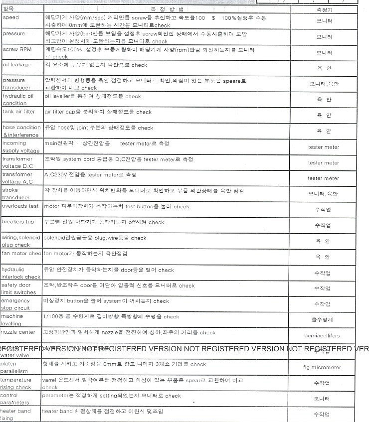 Sq인증 5스타 사출 성형기 정도 측정 기준서 푸쉬링스크류우 헤드사출성형기 실린더 스크류 교체주기 관리 기준서설비관리