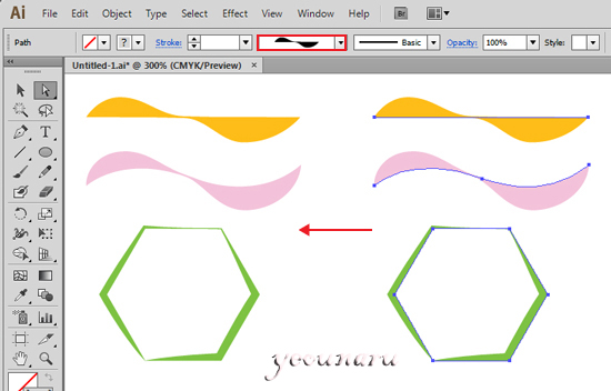 일러스트레이터 스트로크 Stroke 패널 사용설정하기 점선 만들기 새 Profile 만들기 등록하기 위드 툴width Tool로 선 폭두께 조절하기