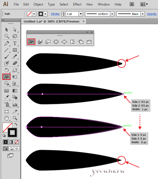 일러스트레이터 스트로크 Stroke 패널 사용설정하기 점선 만들기 새 Profile 만들기 등록하기 위드 툴width Tool로 선 폭두께 조절하기