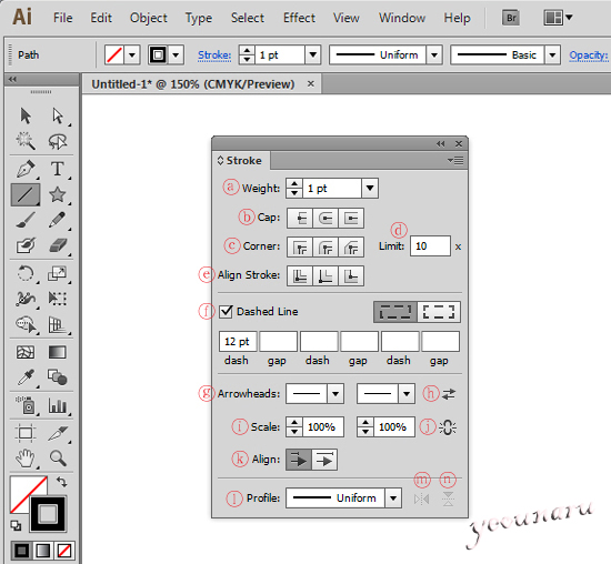 일러스트레이터 스트로크 Stroke 패널 사용설정하기 점선 만들기 새 Profile 만들기 등록하기 위드 툴width Tool로 선 폭두께 조절하기