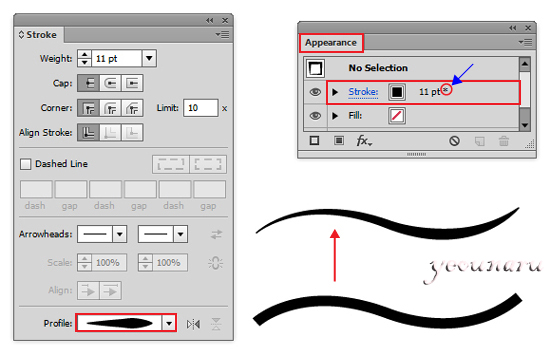 일러스트레이터 스트로크 Stroke 패널 사용설정하기 점선 만들기 새 Profile 만들기 등록하기 위드 툴width Tool로 선 폭두께 조절하기