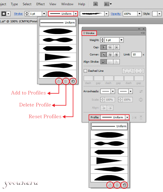 일러스트레이터 스트로크 Stroke 패널 사용설정하기 점선 만들기 새 Profile 만들기 등록하기 위드 툴width Tool로 선 폭두께 조절하기
