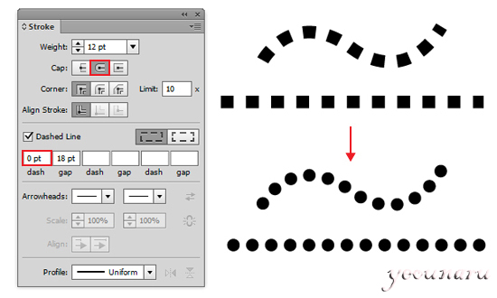 일러스트레이터 스트로크 Stroke 패널 사용설정하기 점선 만들기 새 Profile 만들기 등록하기 위드 툴width Tool로 선 폭두께 조절하기