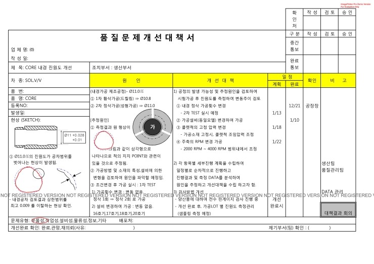 Sq인증마크 5스타 Cnc선삭 Core 내경 진원도 불량재발방지대책서 개선 부적합대책서8d 대책서 불량 중점관리포인트품질