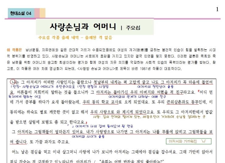 의정부 국어학원 주요섭 사랑손님과 어머니 해설 2018학년도 수특 현대소설04 완두콩 김두환 네이버 블로그
