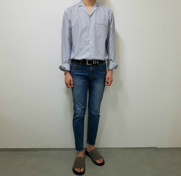 남자 스트라이프셔츠 코디벨트밑단 컷팅진가죽 슬리퍼 유뱅의 데일리룩 블로그 네이버 블로그