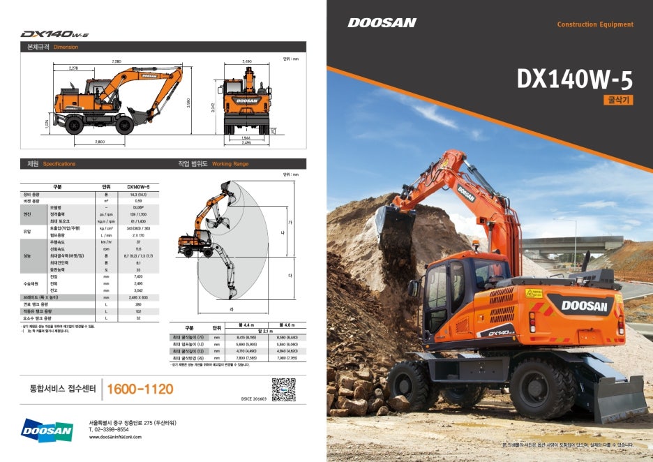 두산휠굴삭기 DX140W-5 제원 카탈로그 : 네이버 블로그