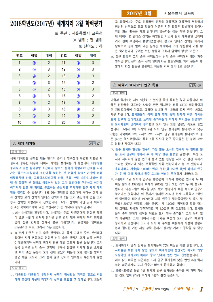 2018학년도2017년 3월 고3 전국연합 학력평가 세계지리모의고사 정답과 해설 정리 네이버 블로그