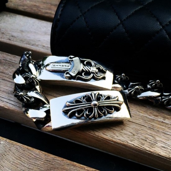 크롬하츠 라지 Two Id 소드 플라워 팬시체인 팔찌 Chromehearts 크롬하츠 팔찌 실버팔찌 남성용팔찌 크롬하츠