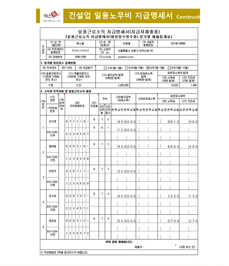 건설업 일용노무비 지급명세서 샘플 양식 네이버 블로그