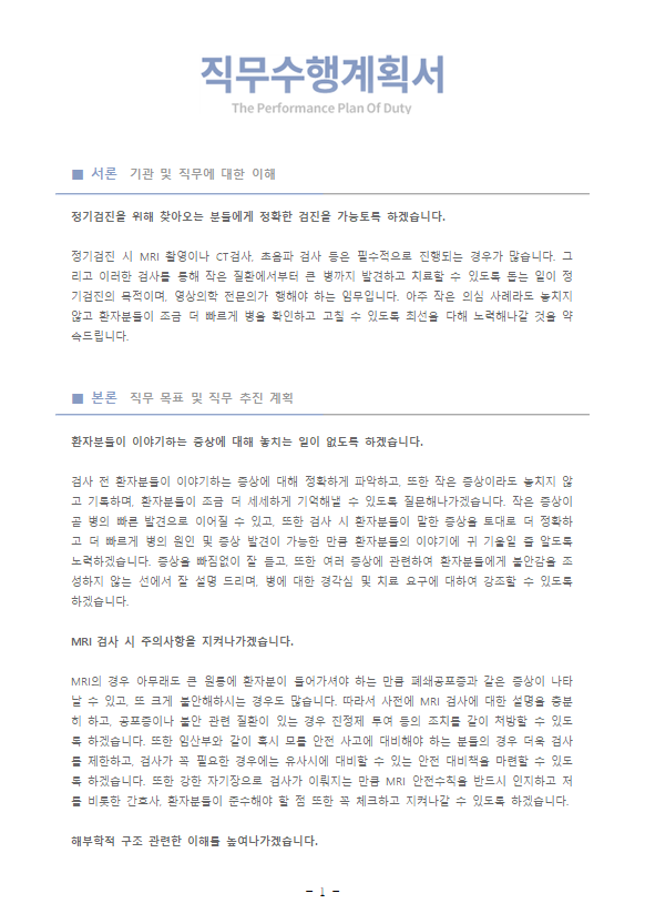 의료직 직무수행계획서 양식 샘플 네이버 블로그