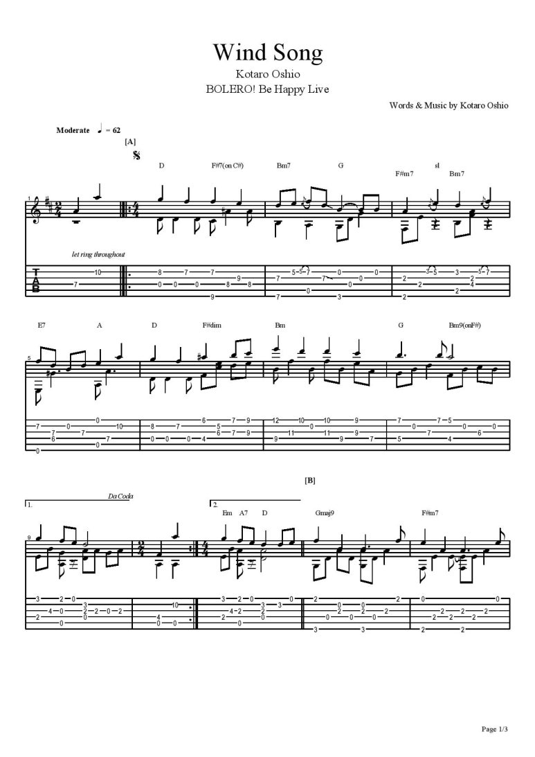 바람의 시 윈드 송 Wind song 악보와 기타프로 타브 악보 재생 영상 Wind song - Fingerstyle ...