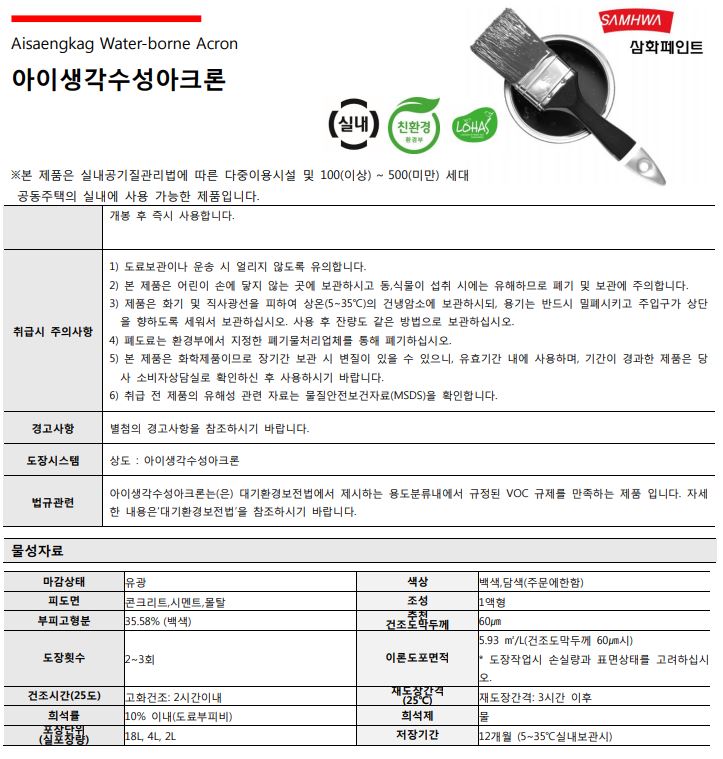 삼화페인트 아이생각 수성 아크론 베란다페인트낙서방지페인트아파트계단페인트지하주차장페인트 네이버 블로그