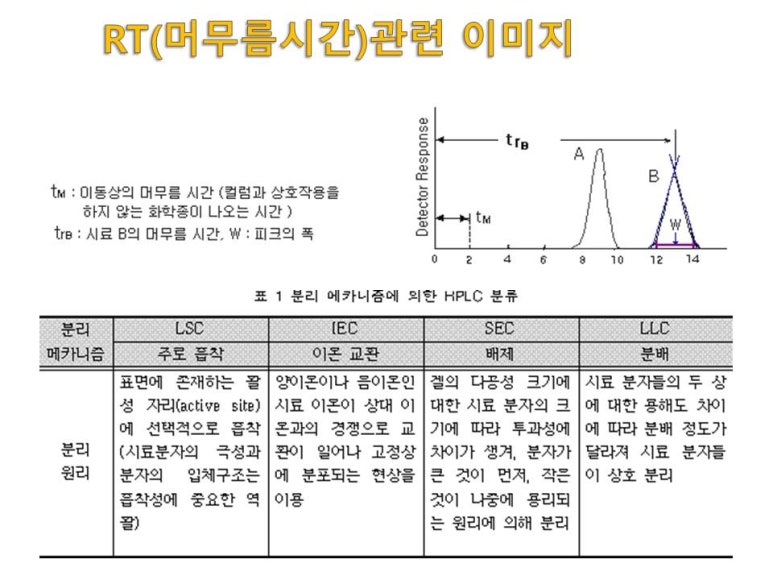 머무름 시간(RT, Retention Time), RT계산식, HPLC•GC•MASS컬럼(Column),크로마토그래피 분리 ...