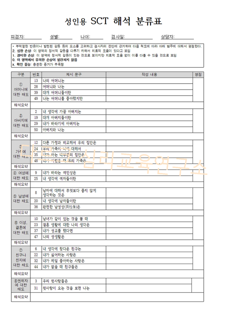 (심리검사) 문장완성검사 SCT 해석분류표_전문가용 : 네이버 블로그