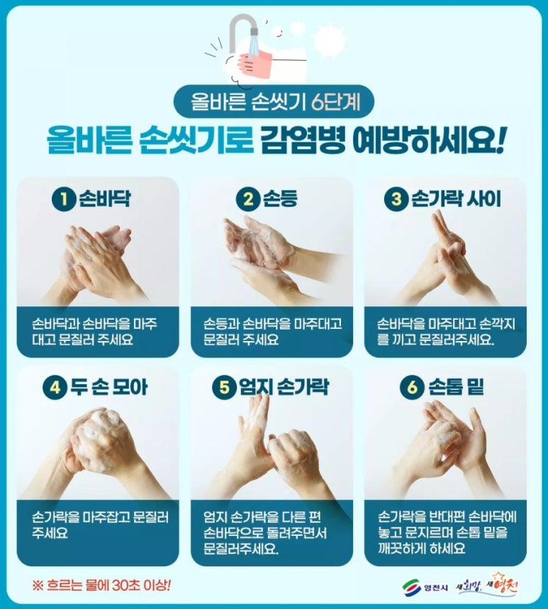 올바른손씻기6단계🧼 셀프백신으로 불릴만큼 감염병 예방에 큰 효과를 보이는 손씻기 장티푸스 A형간염 등의 장관감염증이나
