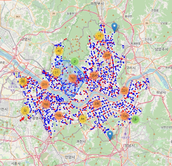 파이썬 지도 시각화 패키지-folium 응용사례(2)-Plugins 기능 중, 지역내 대여소 갯수 표시( MarkerCluster), 대여소의 밀집도를 시각화(Heatmap ...