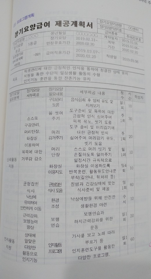 노인주야간보호센터 장기요양급여 제공계획서기록지 작성 방법 사회복지사 요양보호사 네이버 블로그