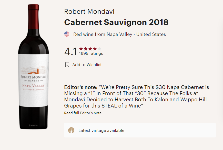 로버트 몬다비 까베르네 소비뇽 2018 Robert Mondavi Cabernet Sauvignon 미국 나파밸리 레드