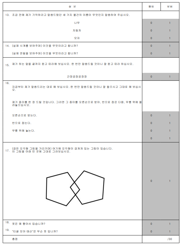 [인지치료] 인지기능 평가 도구 (MMSE,KDSQ,란쵸아미고) : 네이버 블로그