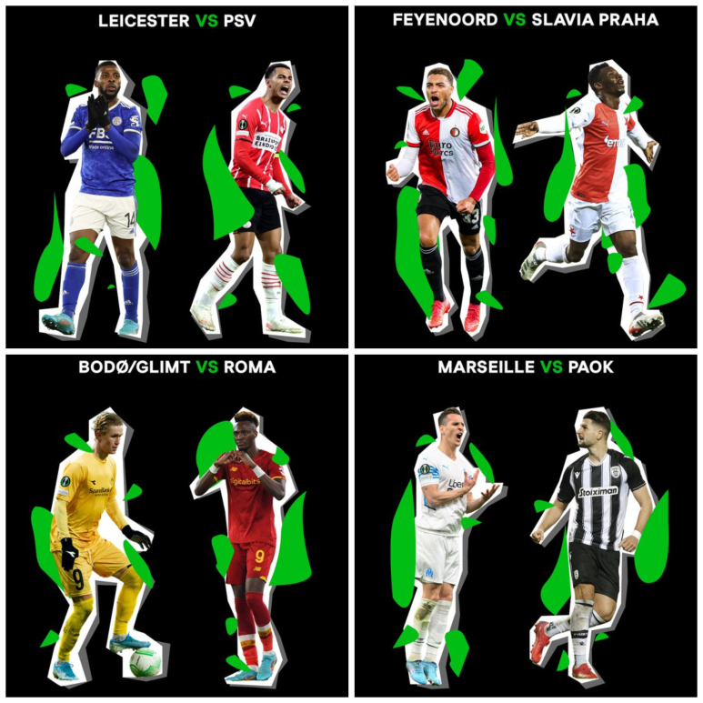 [21-22 UEFA 유로파 컨퍼런스 리그 8강 1차전 프리뷰 - 페예노르트슬라비아, 보도글림트로마, 레스터시티PSV, 마르세유 ...