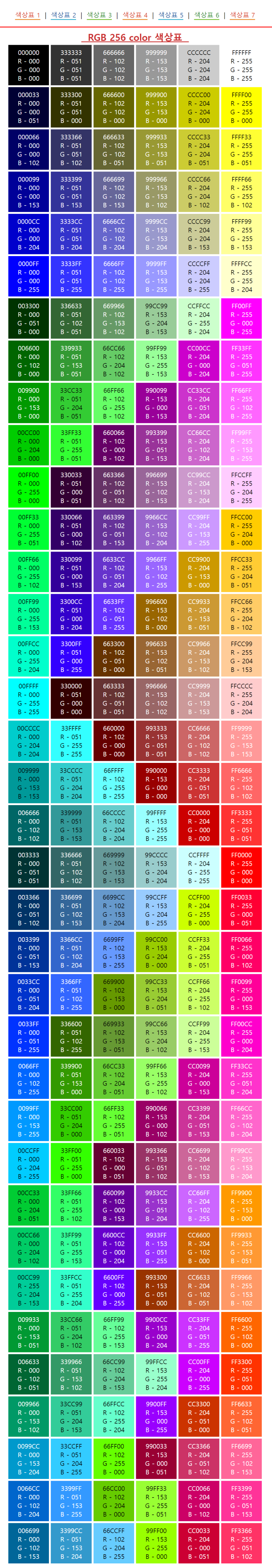 Html RGB 256 color 색상표 : 네이버 블로그