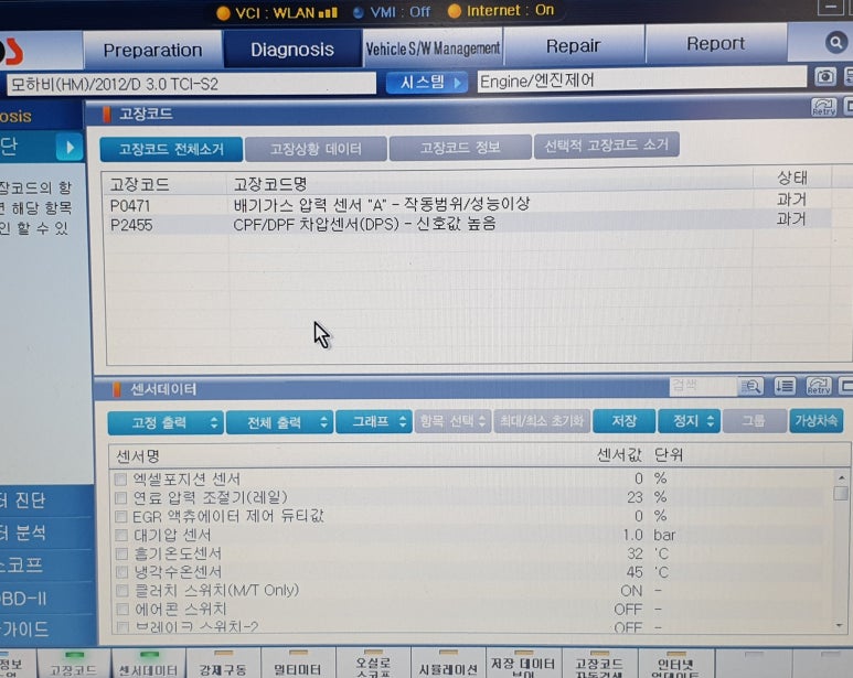 엔진경고등 깜박임 P0471 배기가스 압력 센서 A - 작동 범위/성능이 상P2455 CPF/DPF 차압센서(DPS)-신호값 ...