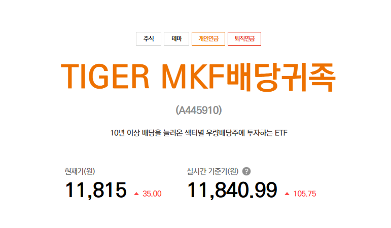 TIGER MKF배당귀족 ETF 주가, 총보수(실부담비용), 수익률, 구성종목, 자금유입 등 소개