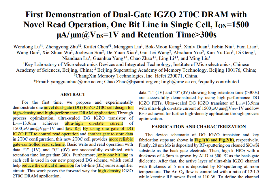 [ 논문공부] First Demonstration of DG IGZO 2T0C DRAM with Novel Read ...