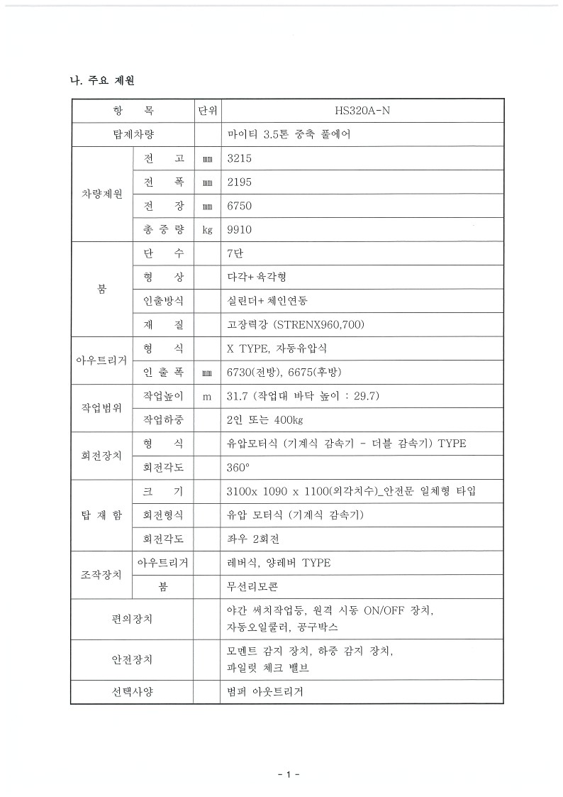 3.5톤 스카이 제원표 한신특장 HS 320A-N [고소작업차] : 네이버 블로그