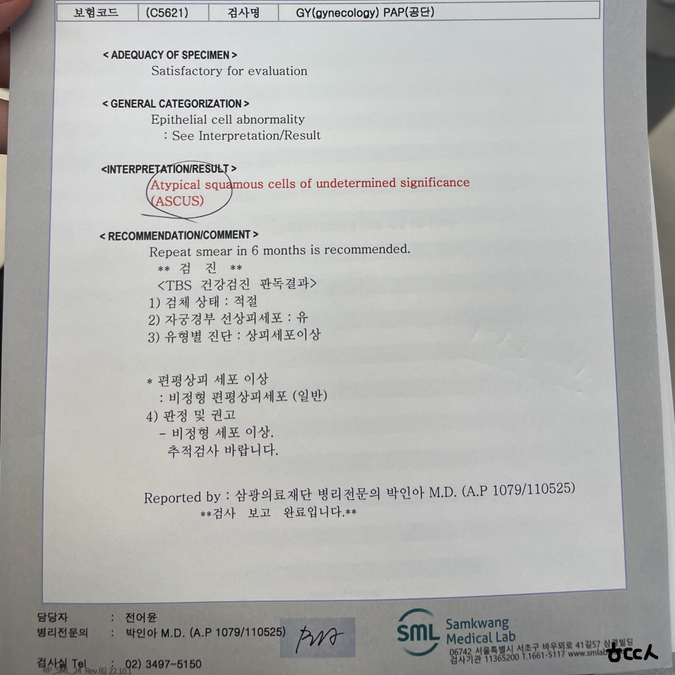 hpv 바이러스 검사 결과 hpv 39번 43번 54번 고위험군 아스쿠스 ascus hpv 검사 실비 검사 후기 : 네이버 블로그