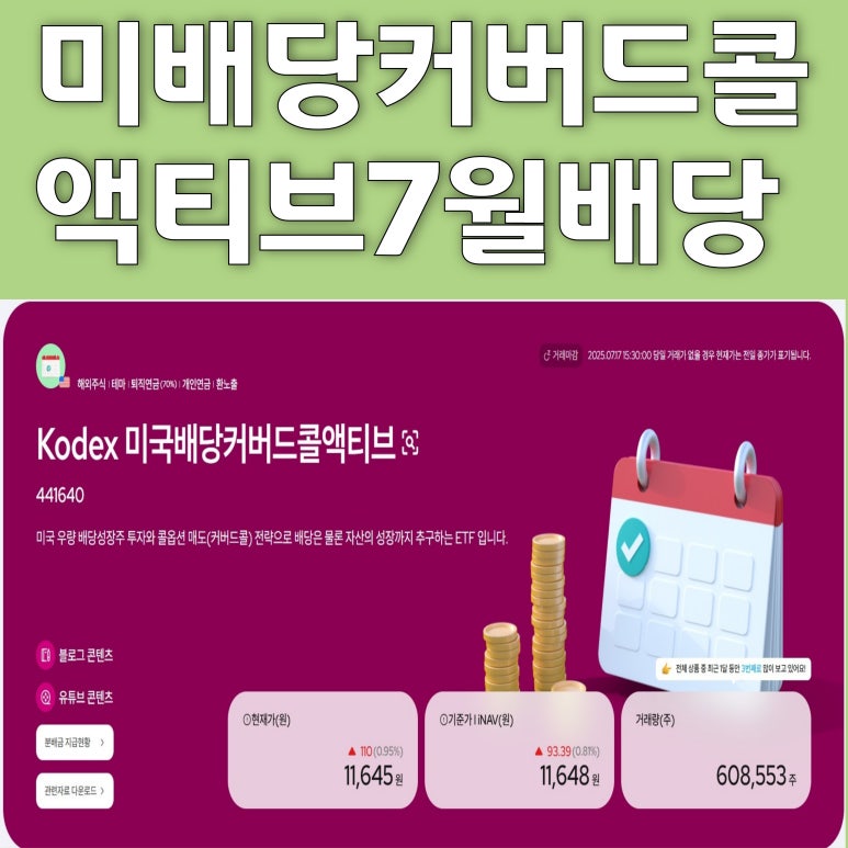 KODEX 미국배당커버드콜 액티브 ETF 7월 배당금 입금 완 모아가는 종목 후기 : 네이버 블로그