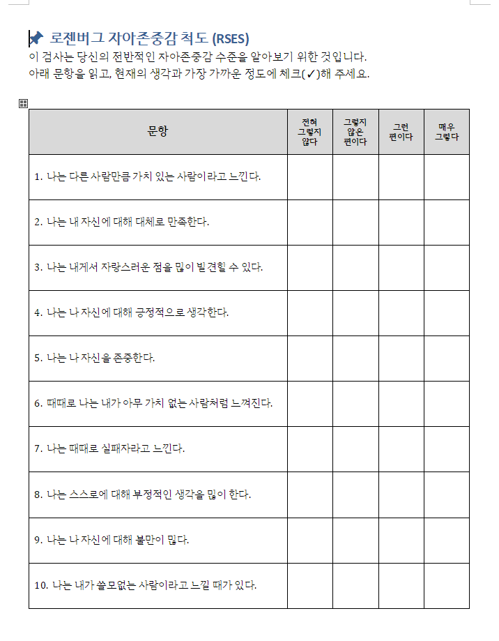 로젠버그 자아존중감 척도(Rosenberg Self-Esteem Scale, RSES)검사 : 네이버 블로그