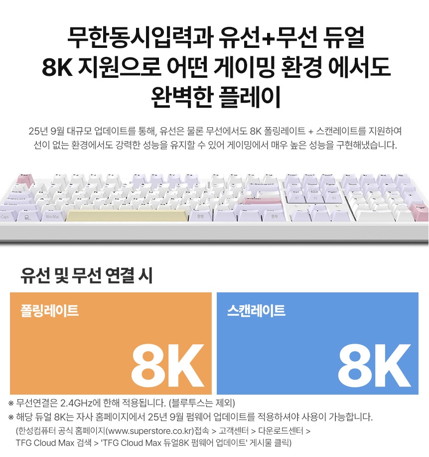 폴링레이트 8K,스캔레이트 8K를 무선에서도!! 한성컴퓨터 게이밍 기계식키보드, TFG Cloud Max 시리즈 대규모 업데이트 안내! (KTT블루 저소음 포각 신규스위치 ...
