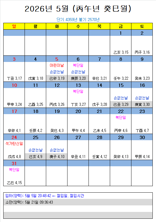 2026년 5월 간지달력, 일진달력, 손없는날, 복단일 : 네이버 블로그