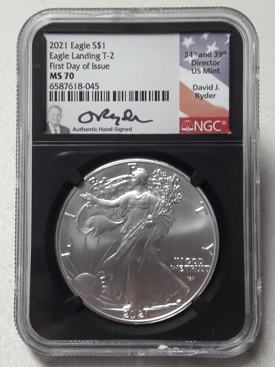 [미국 은화] 2021년 미국 실버 이글 T-2 FIRST DAY OF ISSUE DAVID J. RYDER 싸인라벨 NGC ...